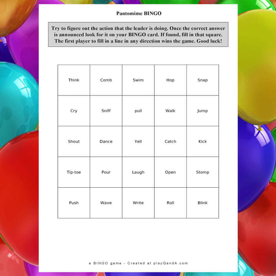 Free Pantomime BINGO | Play Q and A